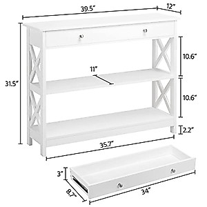 Yaheetech 3-Tier Entryway Table White Console Table with Drawer and 2 Storage Shelves, Wood Narrow Sofa Table for Entryway/Hallway/Living Room, 39.5in L x 12in W x 31.5in H