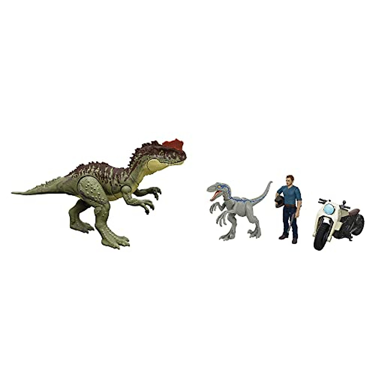 Jurassic World Dominion 3 Pack Figures & Dinosaurs, Owen Grady Motorcycle Yangchuanosaurus & Blue, Helmet & Tranquilizer, Ages 4 Years & Up, Multicolor (HLP79)
