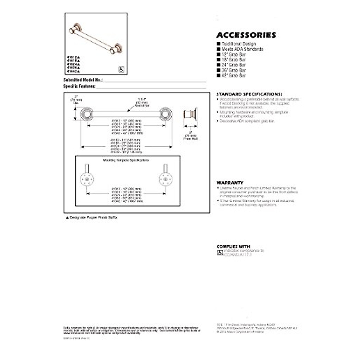 Delta Faucet 41612 Wall Mounted 12" Decorative Grab Bar in Polished Chrome
