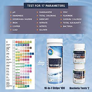 17 in 1 Water Testing Kits for Drinking Water - Water Test Kit - Tap Well Home Water Quality Test - 100 Strips + 2 Bacteria Tests - Easy Testing for pH Lead Hardness Iron Copper E.coli and More!