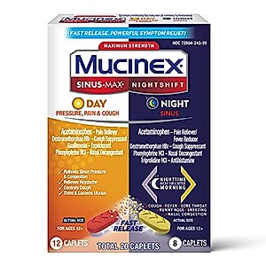 Mucinex Maximum Strength Sinus-Max (Day) Pressure, Pain & Cough & Nightshift (Night) Sinus Caplets, Fast Release, Powerful Multi-Symptom Relief, 20 caplets (12 Day time + 8 Night time)