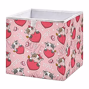 Kigai Cute Cartoon Love Cow Cube Storage Bin, Large Foldable Organizer Basket for Toys, Shelves, Laundry, Nursery -11 x 11 x 11 in