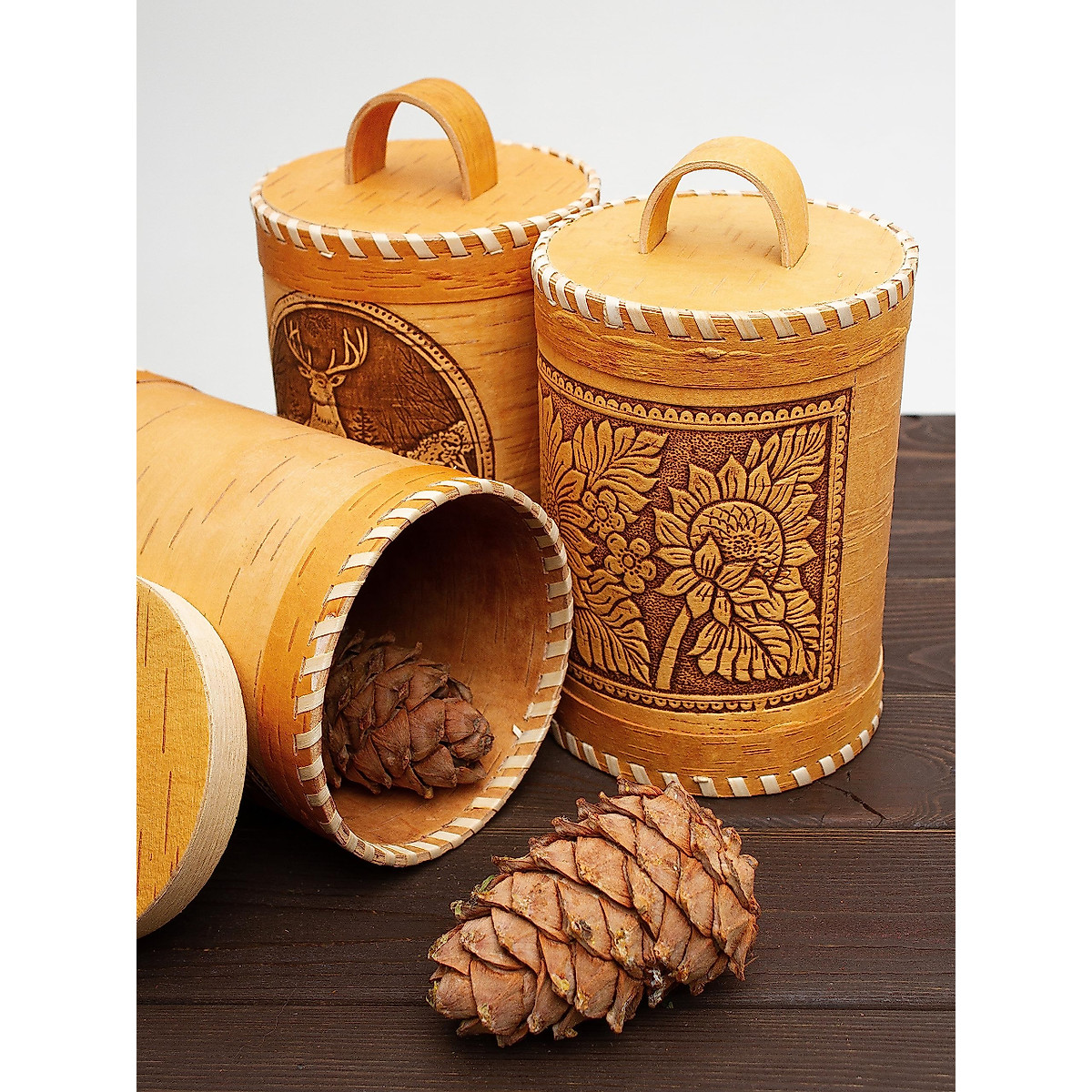 Birch Bark Food Storage Jar, Coffe and Tea Wooden Container, Decorative Jars with Wood Lid (Deer)