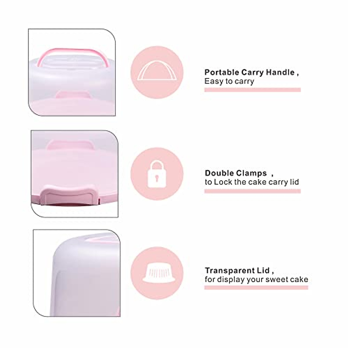 SETLUX 10in Plastic Cake Carrier with Handle, Round Cake Holder with Lid Pink Cake Container for 6in/8in/10in Cake