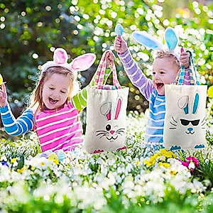 Weewooday 2 Pieces Easter Bunny Bags Large Easter Canvas Tote Bags Bunny Ears Basket Bags Spring Egg Hunts Bags for Easter Kids Eggs Candy Hunting Carrying Daily Usage (Blue, Pink)