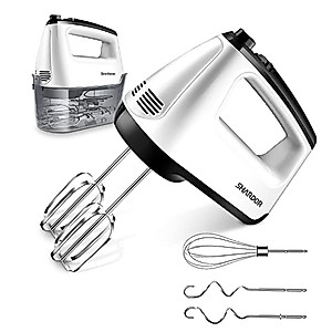SHARDOR Hand Mixer Electric, 6 Speed & Turbo Handheld Mixer with 5 Stainless Steel Accessories, Electic Mixer for Whipping, Mixing Cookies, Brownie, Cakes, Dough Batters, Snap-On Storage Case, White