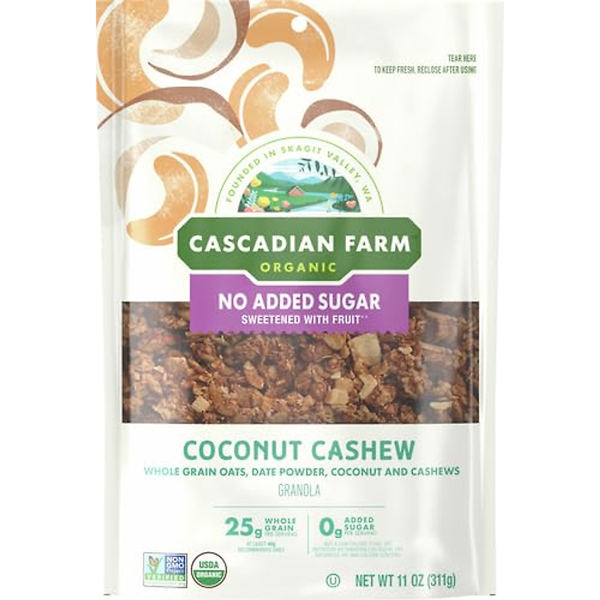 Cascadian Farm Organic Granola with No Added Sugar, Coconut Cashew Cereal, Resealable Pouch, 11 oz.