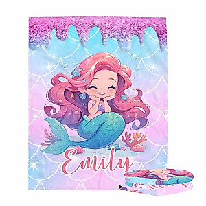 Jaydouble Custom Blankets with Name for Children, Personalized Gifts Black Mermaid Throw Blanket for Boys Girls
