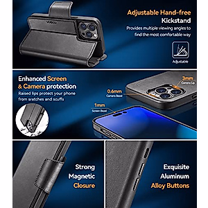 voscu Detachable Wallet Case for iPhone 14 Pro Max 6.7'' Compatible with MagSafe, Support Wireless Charger, Vegan Leather Flip Folio Magnetic Phone Case with Card Holders [RFID Blocking]-Black