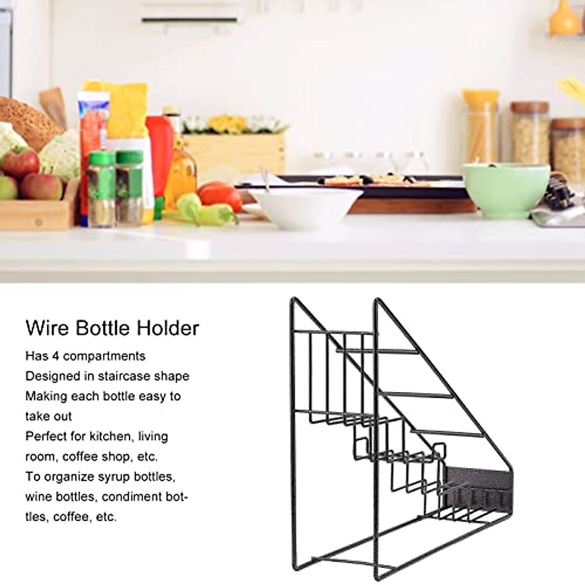 Stainless Steel Wire Wine Bottle Holder, 4 Compartments Syrup Bottle Holder, Wire Spice Rack Countertop for Home, Kitchen