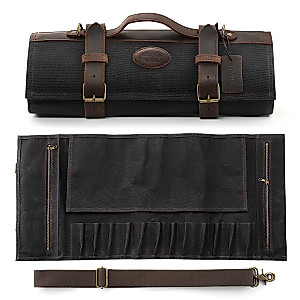XINZUO Chef Knife Roll Bag Professional,16oz Waxed Canvas and Crazy Horse Leather,12 Slots Plus 2 Zipper Pockets,Adjustable Shoulder Strap-Travel Tool Roll Pouch(Bag Only)