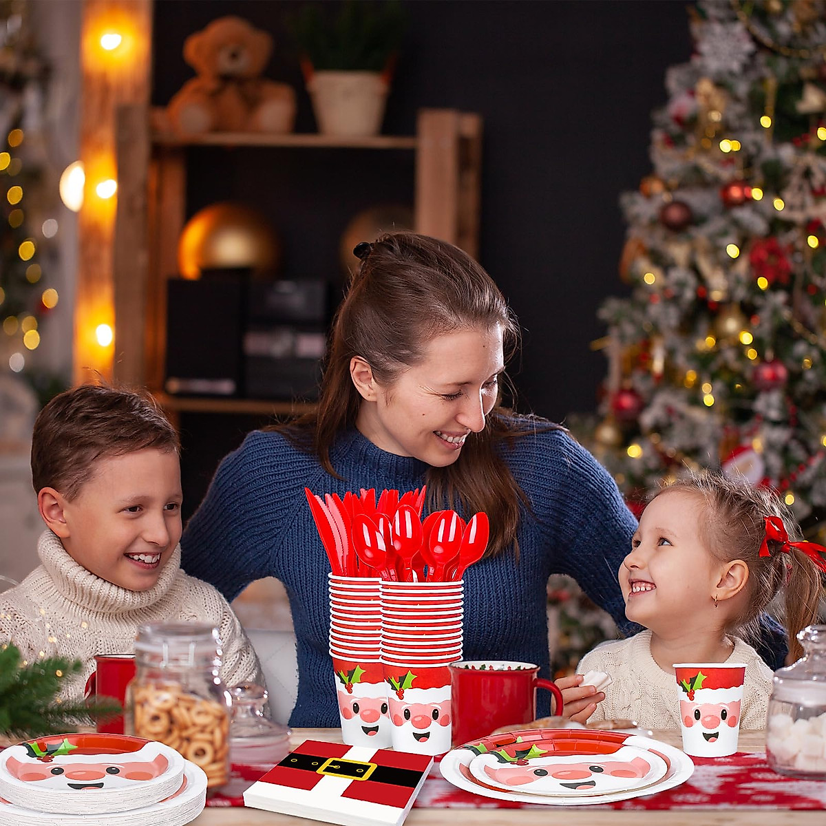 Whaline 175Pcs Christmas Party Tableware Set 7 and 9 Inch Santa Claus Paper Plates 6.5 Inch Santa Belts Napkins Cute Xmas Disposable Cups and Red Fork Spoon Knife Kit for Xmas Holiday Dinner Supplies