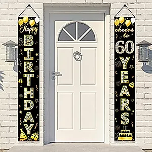 60th Birthday Decorations Door Banner Party Supplies for Women Men, Cheers to 60 Years Old Birthday Sign Decor, Black Gold Happy Sixty Birthday Porch Sign for Indoor Outdoor