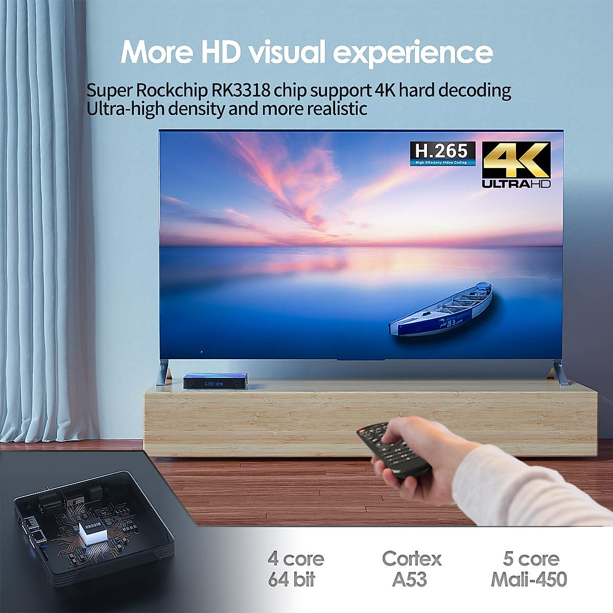 Android 11.0 TV Box, 4GB RAM 32GB ROM RK3318 Quad-Core Support 2.4G/5.8G Dual WiFi Bluetooth 4.0 Ethernet LNA 3D 4K