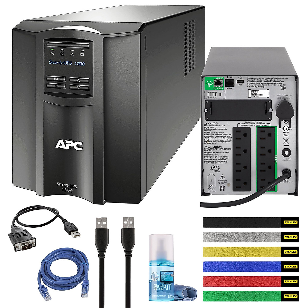 APC 1500VA Smart UPS with SmartConnect, SMT1500C Sinewave UPS Battery Backup, AVR, 120V, Line Interactive Uninterruptible Power Supply with Ethernet Cable, Wire Ties & Cleaning Kit