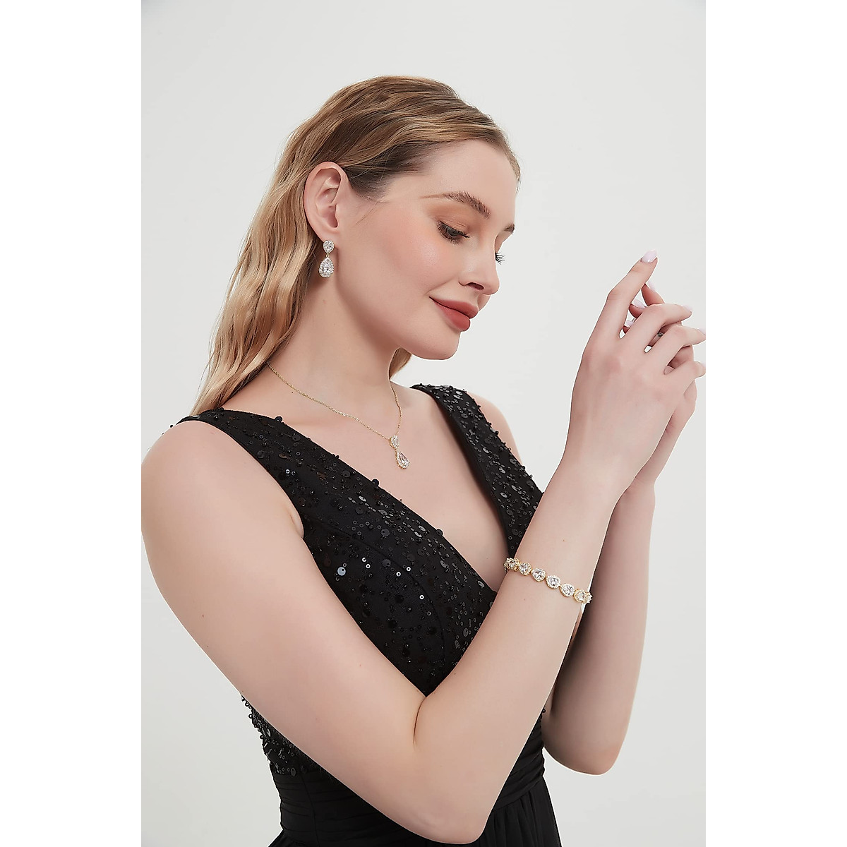 UDYLGOON Cubic Zirconia Crystal Bridal Jewelry Set for Bride Bridesmaid Wedding Prom Teardrop Necklace Earrings Bracelet Jewellery Set (Gold)