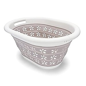 Camco White/Taupe Collapsible Utility/Laundry Basket – Perfect for Homes, Boats, and RVs – Easy Grip Carrying Handles - Foldable for Compact Storage,small - 51951