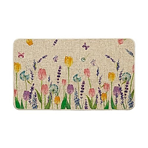 Artoid Mode Tulip Lavender Spring Decorative Doormat, Seasonal Flower Summer Holiday Low-Profile Rug Switch Mat for Indoor Outdoor 17x29 Inch