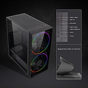 Gaming Case Mid-Tower with Tempered Glass Side Panel, 2x200mm ARGB Fans Included, GAMEMAX Black Hole