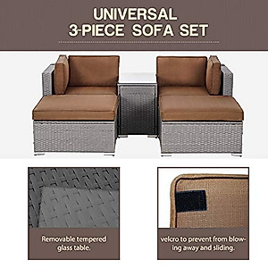 SOLAURA 5-Piece Outdoor Patio Furniture Set, PE Rattan Wicker Chair Sectional Sofa Set with YKK Zipper and Glass Coffee Table - Brown