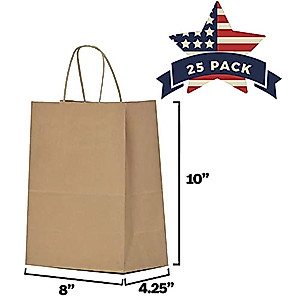 Qutuus Kraft Paper Gift Bags with Handles - 8x4.25x10 25 Pcs Brown Shopping Bags, Party Bags, Goody Bags, Cub, Favor Bags, Business Bags, Kraft Bags, Retail Bags