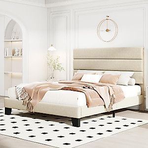 HOOMIC Queen Size Bed Frame with Headboard, Fabric Upholstered Platform Bed with Strong Wood Slats Support, Mattress Foundation, No Box Spring Needed, Beige