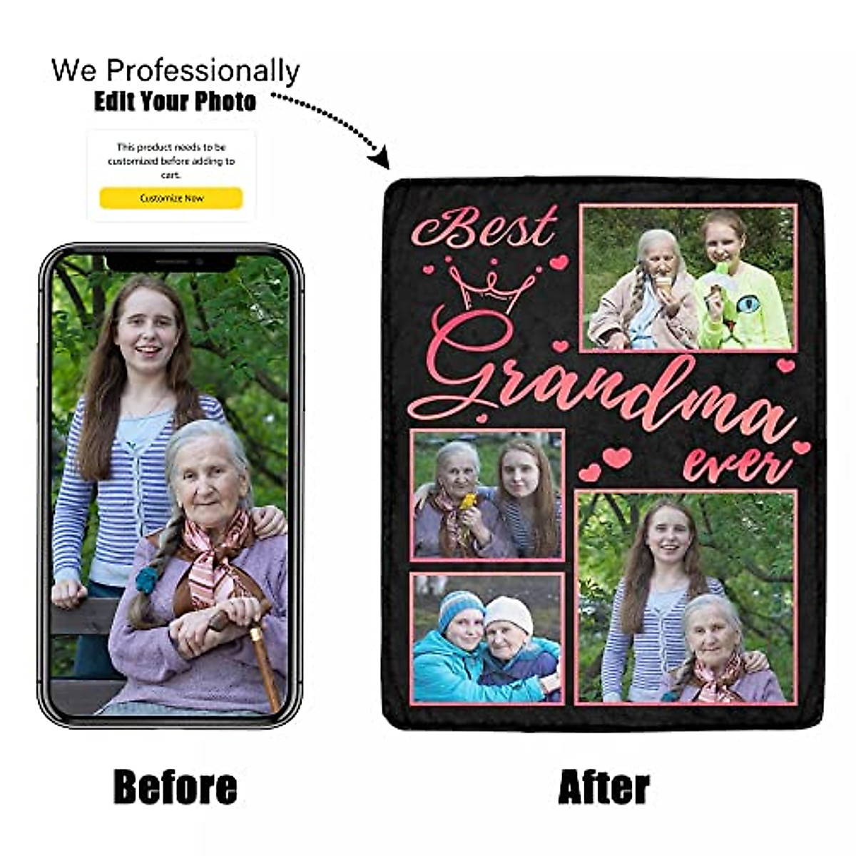 DIYKST Custom Photo Throw Blanket Gife for Grandma from Granddaughter Personalized Blanket with Photos for Grandma Mother Mom in Low Personalized Soft Fleece Blanket Best Grandma Ever-(30 X 40 inches)