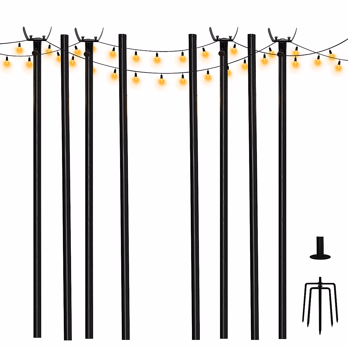 APEX LIFE String Light Poles for Outdoor Deck or Patio | 2 Pack 9FT | Black Powdered Steel Pole for Lights 5-Prong + Flat Base Options | Great for Wedding Garden Cafe Party Backyard
