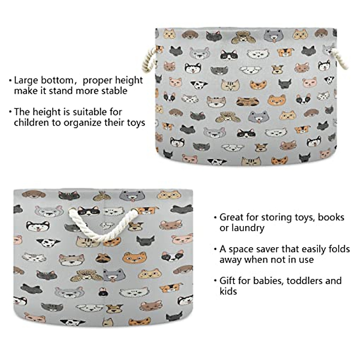 xigua Cat Dog Doodle Round Storage Basket Collapse Canvas Fabric Storage Bin with Cotton Handles for Organizing Home/Kitchen/Nursery/Office/Toy