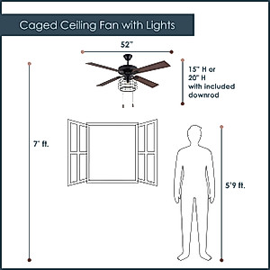 RIVER OF GOODS Industrial LED Ceiling Fan - 52" L x 52" W - Caged Ceiling Fan with Lights - Rich Barnwood/Black Fan Blades