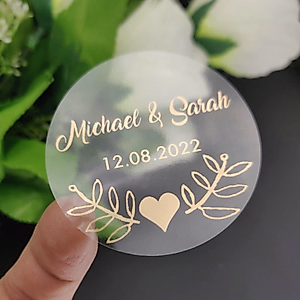 Clear Wedding Favor Stickers, Transparent Label Stickers, Gold Foil Wedding Favors, Bridal Party, Custom Clear and White Stickers, Rose Gold (C)