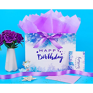 Jaywayang 12.6" Large Purple Happy Birthday Gift Bag with Ribbons, Card and Tissue Papers for Girl Women Birthday Party.