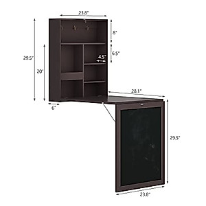 JAXPETY Wall Mounted Space-Saving Desk, Fold Out Computer Laptop Desk with Storage Bookcase & Chalkboard, Convertible Writing Desk for Home Office, Brown