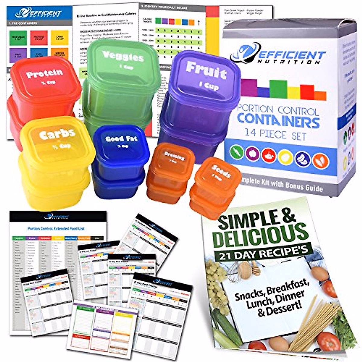 21 Day LABELED Efficient Nutrition Portion Control Containers Kit (14-Piece) + COMPLETE GUIDE + 21 DAY PLANNER eBOOK + RECIPE eBOOK, BPA FREE Color Coded Meal Prep System for Diet and Weight Loss
