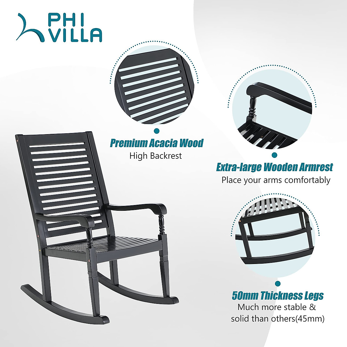 PHI VILLA Outdoor Rocking Chairs Set of 2, Acacia Wood Rocker Chairs for Patio, Deck, Balcony or Porch, 30° Safe Recline Support 350lbs - Black