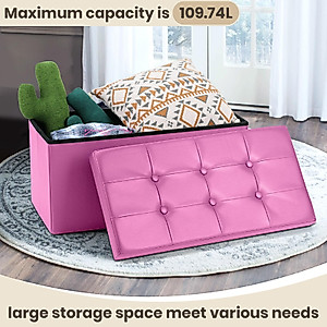 COSYLAND Ottoman Bench with Storage large - 30x15x15in folding Leather Ottoman, Rectangle Foot Stool Foldable Storage Chest Ottoman Footrest Footstool Collapsible with Lid for Bedroom Living Room Pink