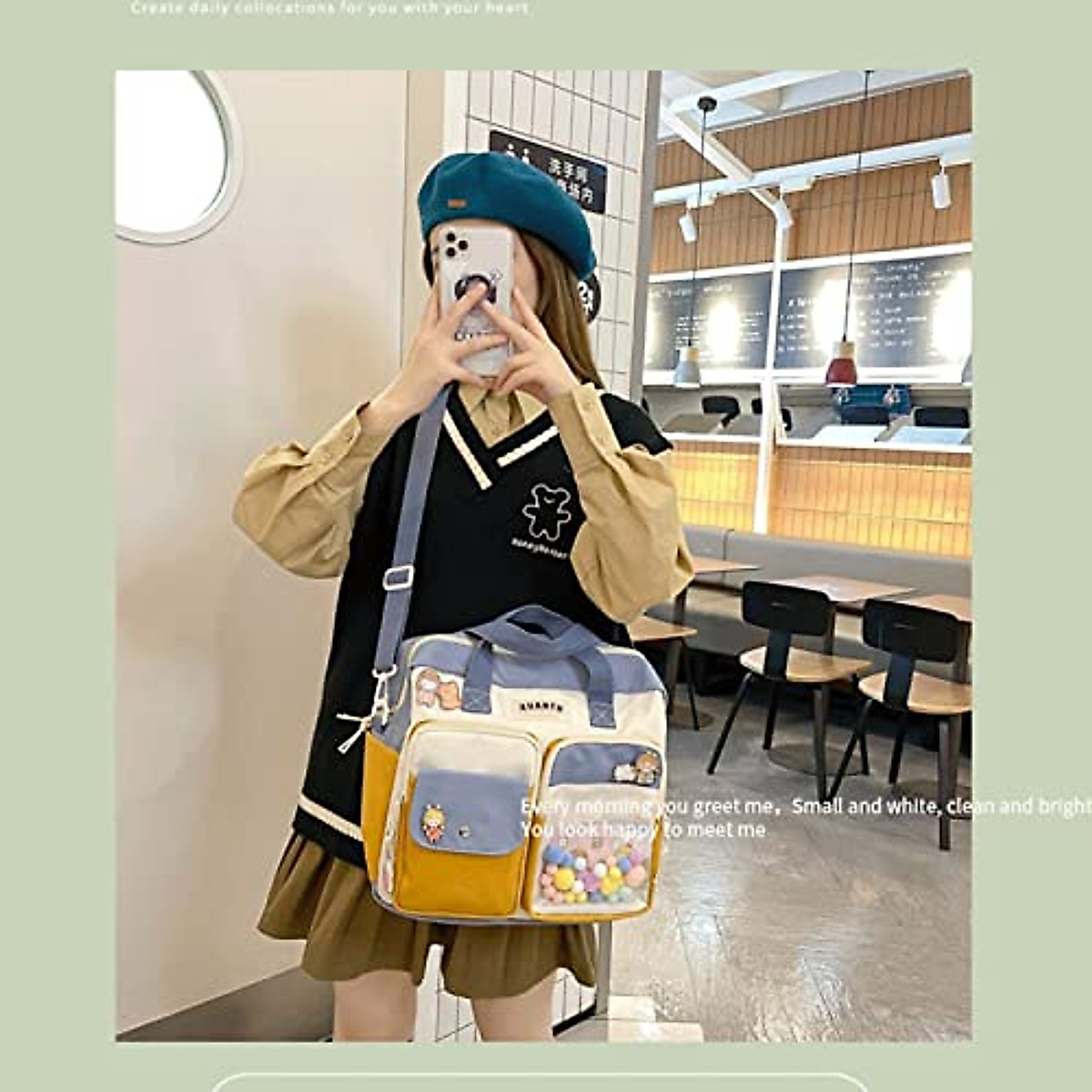 AZLNRMU Kawaii harajuku backpack crossbody bag with 3 pins bubbles teenage daypack gift for birthday Christmas (Yellow) General