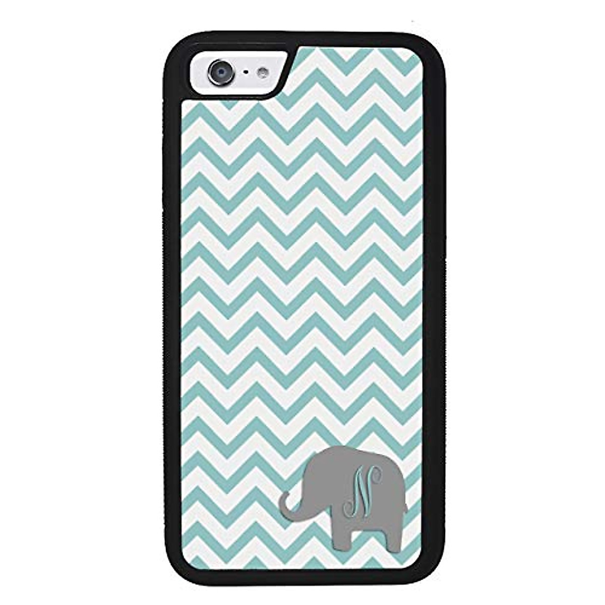 Teal and White Elephant Personalized Initial Apple iPhone Black Rubber Phone Case Compatible with iPhone 14 Pro Max, Pro, Max, iPhone 13 Pro Max Mini, 12 Pro Max Mini, 11 Pro Max X XS Max XR 8 7 Plus
