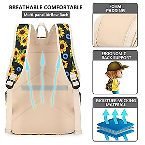 Pawsky School Backpack for Teen Girls, Water Resistant Laptop Backpack Womens Bookbag with Lunch Bag and Pencil Case, Sunflower