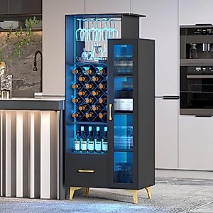 Kasibie Wine Cabinet, Wine Bar Cabinet, Liquor Cabinet with Glass Holder Wine Rack, 3 Color LED Lighting Modes, Floor Bar Cabinet for Liquor and Glasses for Home Kitchen Dining Room (Black)