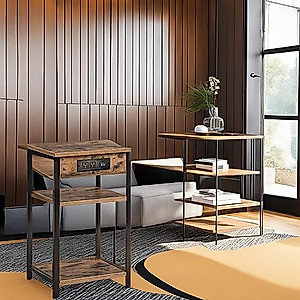 VGWHY End Table with Charging Station, 3 Tier Side Table with USB Ports and Power Outlets, Rustic Brown Night Stand for Living Room, Bedroom