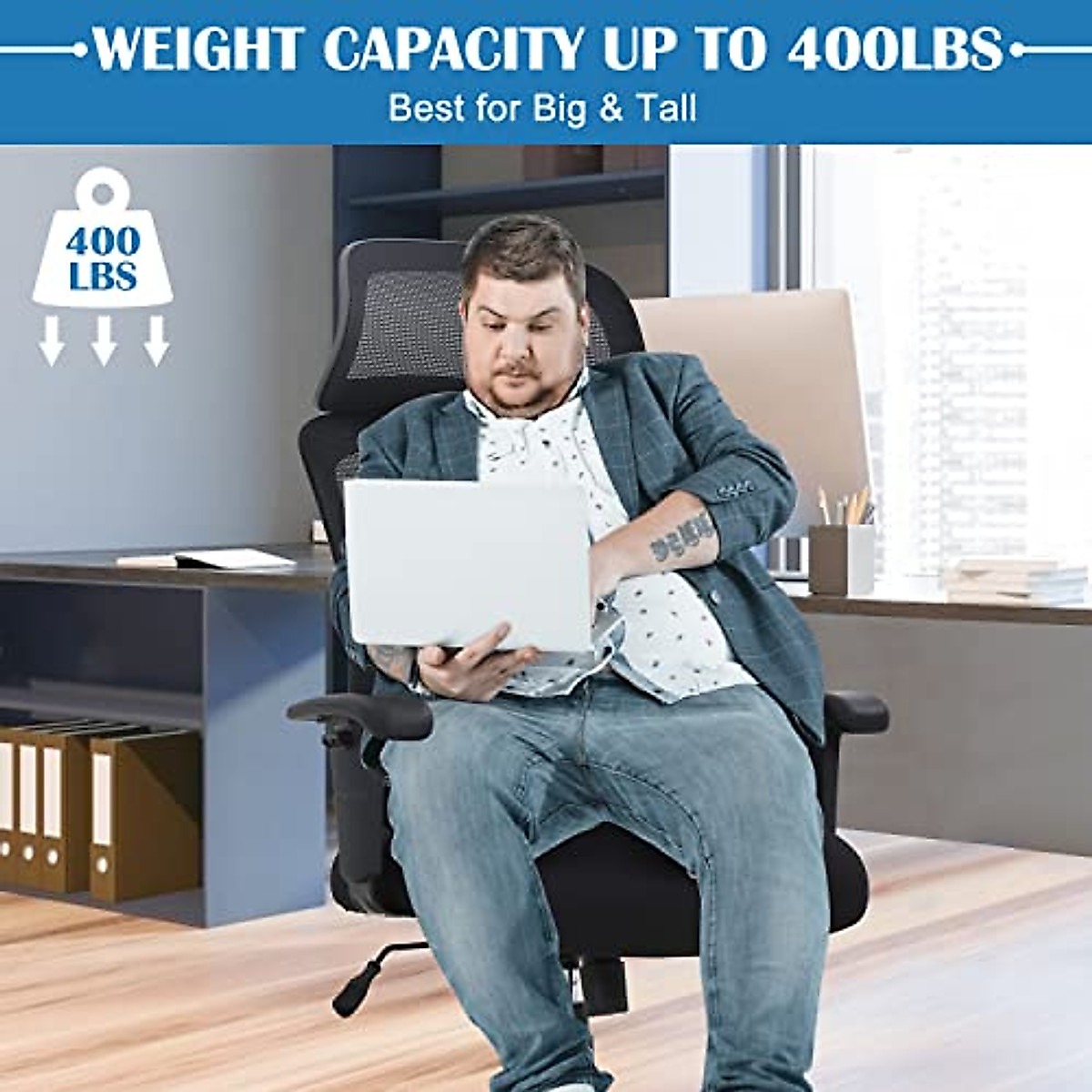 Ergonomic Office Chair, 400LBS Height Adjustable Computer Desk Chair with Adjustable Sponge Lumbar Support, Big and Large Mesh Executive Chair for Home Office Adult Use