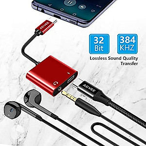 AGVEE 2-in-1 USB-C to 3.5mm Microphone Headphone Adapter, Type-C Mic AUX Earbud Splitter, USBC Audio Earphone Converter, PD 27W Charger Dongle for Samsung S21 S20 Note 20/10, iPad Pro, Pixel, Red