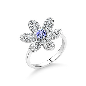 Gem Stone King 925 Sterling Silver 4MM Round Gemstone Birthstone Flower Ring For Women By Keren Hanan | Available in Size 5,6,7,8,9