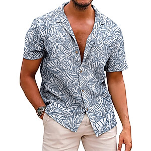 COOFANDY Men Linen Aloha Shirts Button Up Lightweight Beach Wear Wedding T Shirts