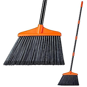 Lifewit Outdoor/Indoor Broom Heavy Duty, Commercial Broom with 53" Extendable Long Handle, Household Angle Corner Brooms for Patio, Garage, Deck, Lobby, Courtyard Sweeping, Orange