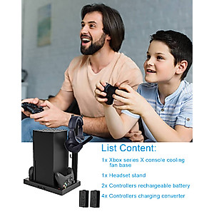 Joso Vertical Stand with Cooling Fan for Xbox Series X, with Dual Controller Charging Station, 4 Pcs Cooling Fan, Headset Stand, 1400mAh Rechargeable Battery Pack (Only for Xbox Series X)