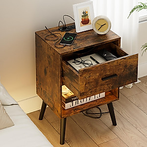 Aobafuir Nightstand with Charging Station and LED Lights, Small Side Table, Bedside Table with Drawer, Modern Night Stand, End Table for Bedroom, Living Room, Light Rustic Brown