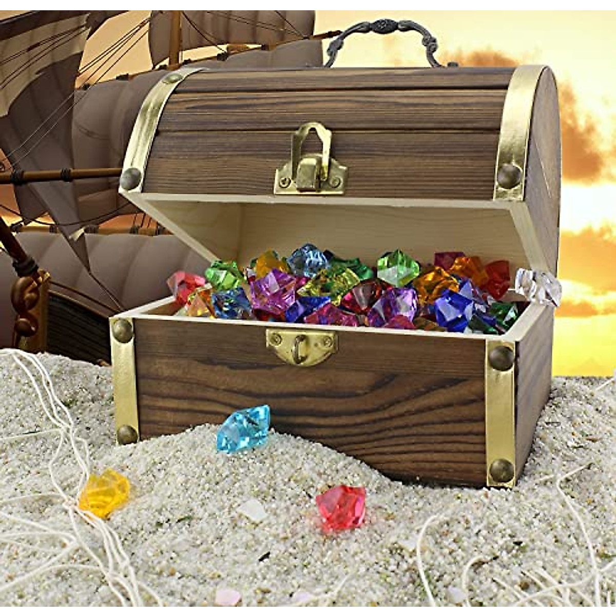 Attatoy Wooden Pirate Treasure Chest with 240 Colored Jewels (Plastic Gems); 6" x 4.5" x 5" Antique Style Wood Box; 1 Lb. Acrylic Gemstones