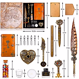 NC Feather Pen Ink Set, Includes Quill Pen,Notebook,5 Replaceable Nibs,Stamp,Spoon,Wax Beads,White Wax, Ink,Pen Holder, Cup,Envelope,Letter Paper, Etc.Gift Selection Calligraphy Pen Set.